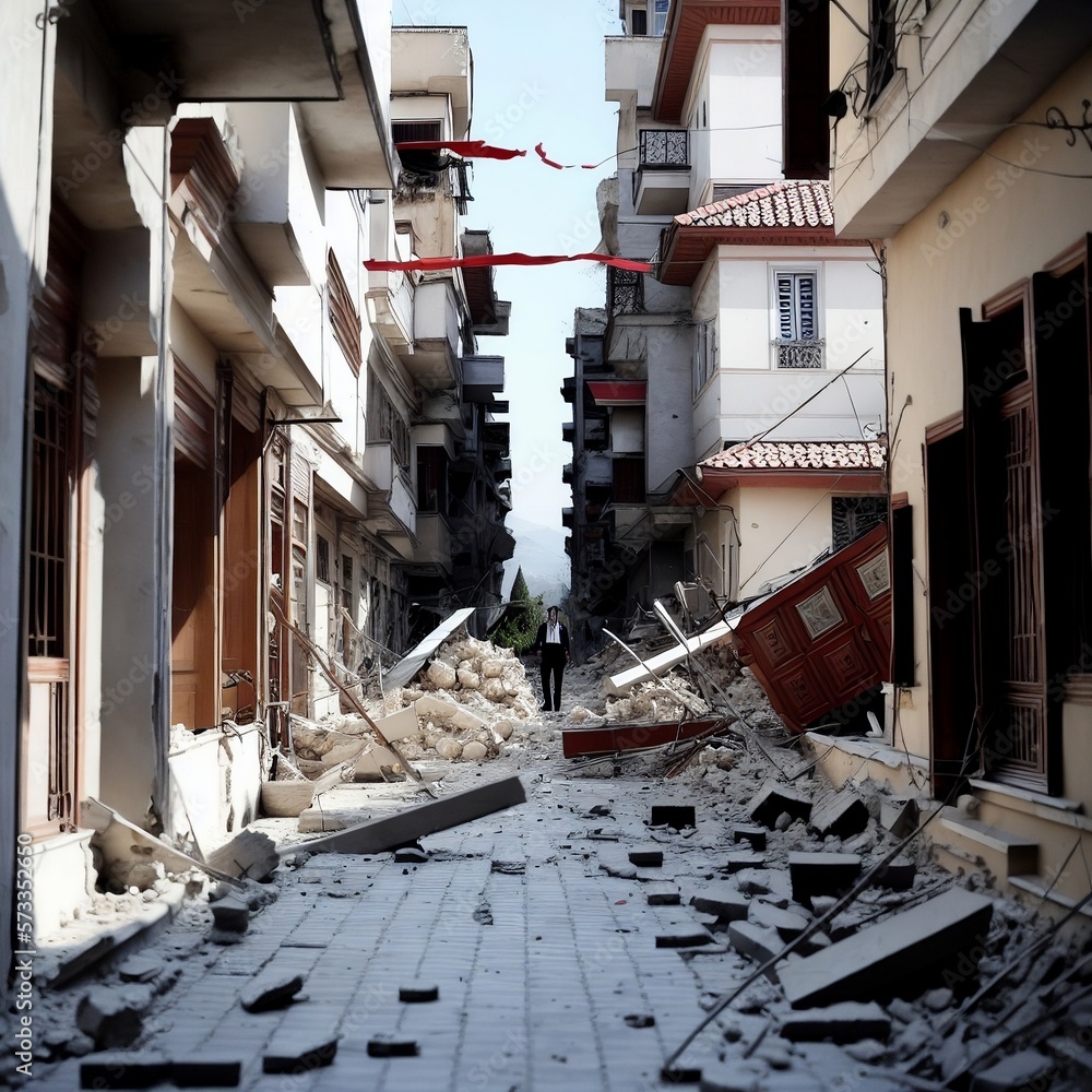 destroyed city streets, earthquake, fallen houses, seismic activity ...