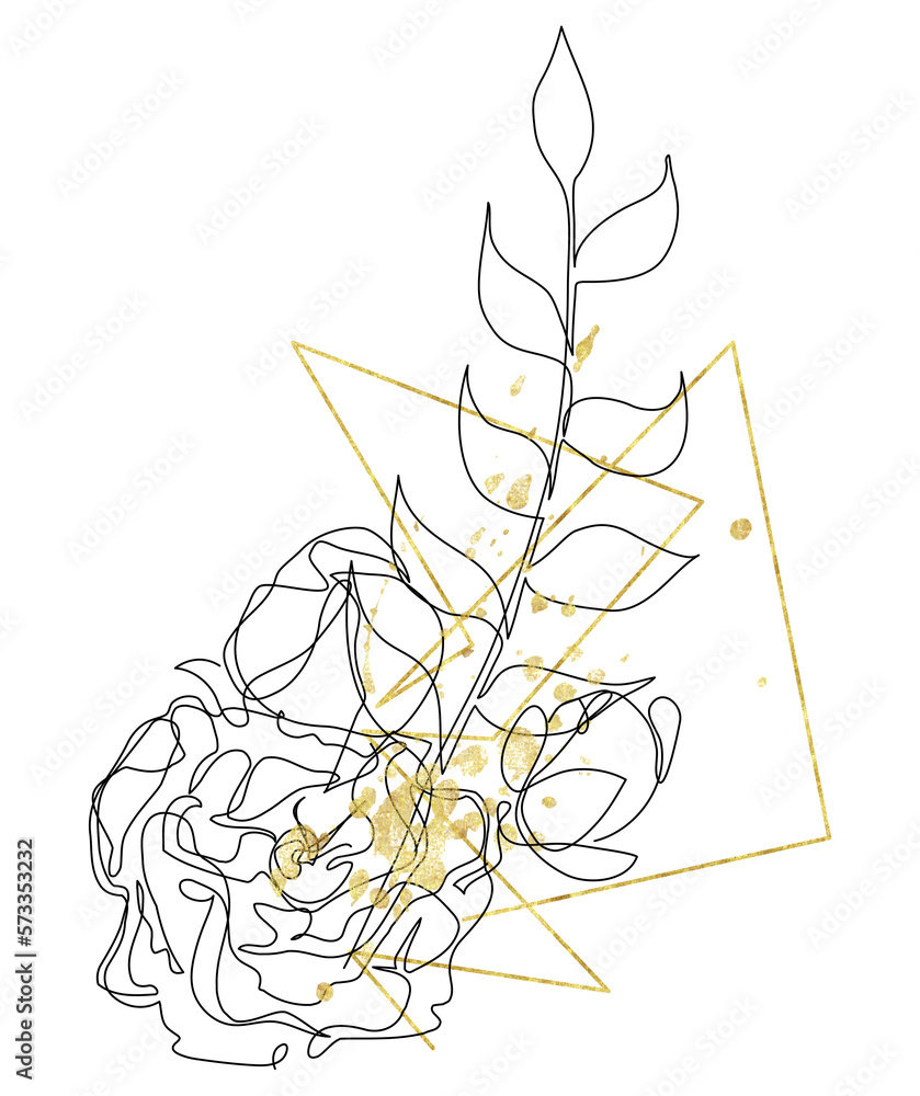 Hand drawn line art and gold texture flower, leaves and geometric shape ...