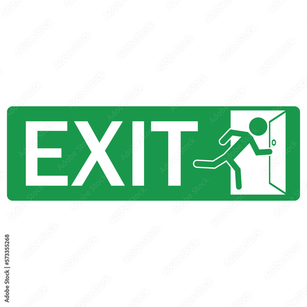 Isolated label design sign of emergency exit in white and green. With ...
