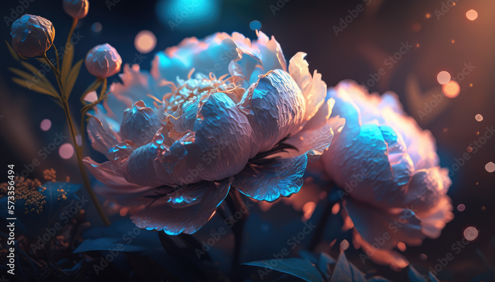 Yndall light effects accentuate beautiful light blue peony flowers in a ...