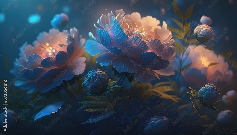 Yndall light effects accentuate beautiful light blue peony flowers in a ...