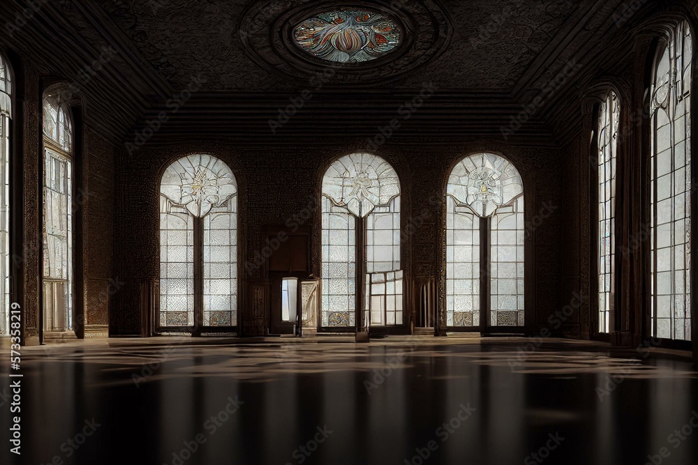 Generative AI Palace interior with high stained-glass windows made of ...