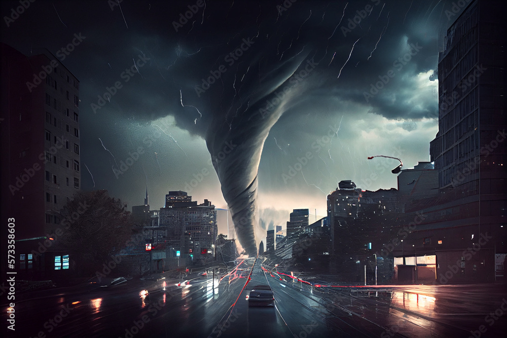 Super Cyclone or Tornado forming destruction in city center. Severe ...