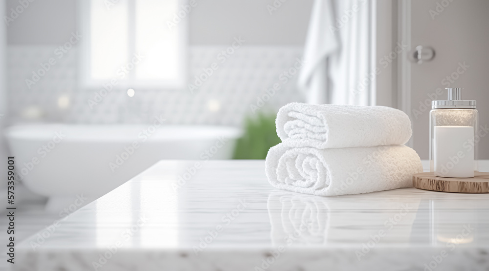 White bathroom interior. Empty marble table top for product display ...