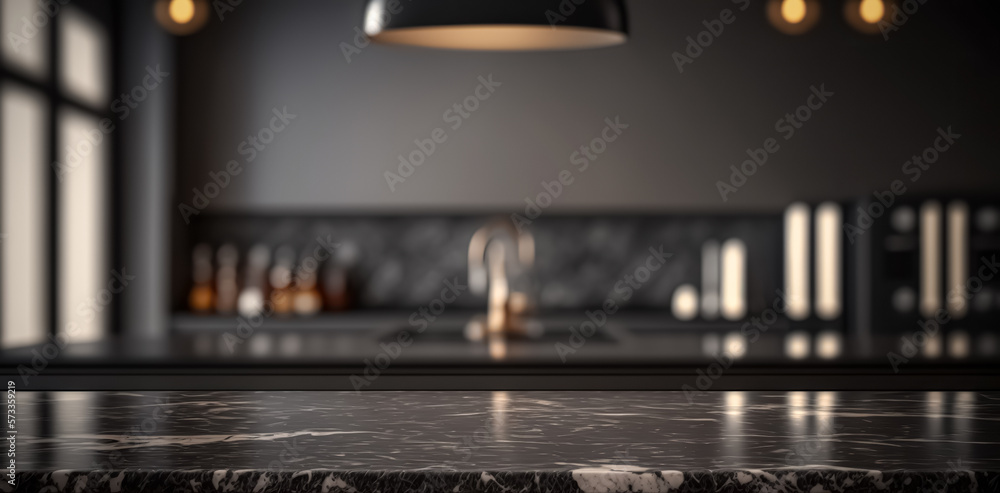 Modern empty dark marble table top or kitchen island on blurry bokeh ...
