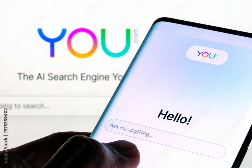 AI search engine YOU.COM seen on the screen. New artificial intelligence powered search engine ...