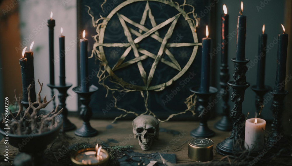 Occult grimoire, black magic book laying on table with occult symbols ...