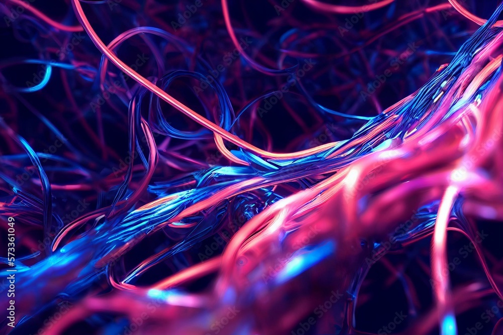 3d render, abstract neon background of twisted glowing lines. Neurolink ...