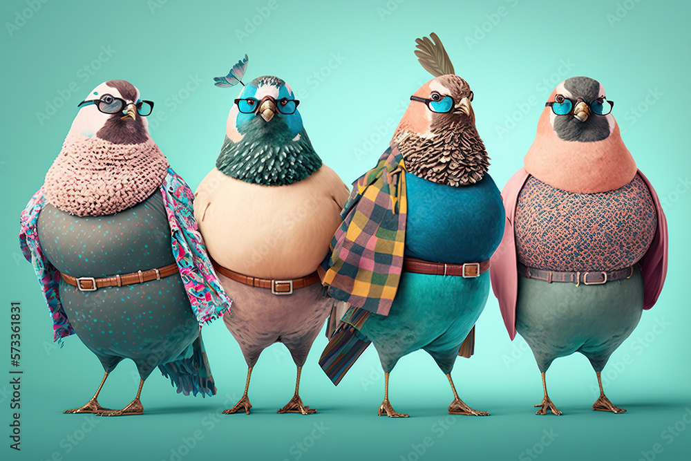 Group studio portrait of body-positive birds in the modern clothes ...