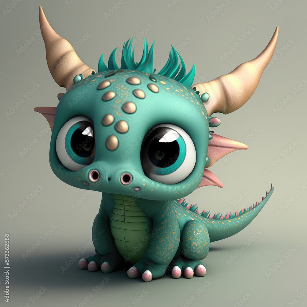 Cute green baby dragon character. Fantasy dino kid with big eyes. Fairy ...