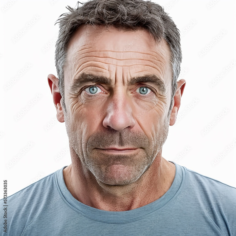 Face portrait of a casual middle-aged man on a white square background ...