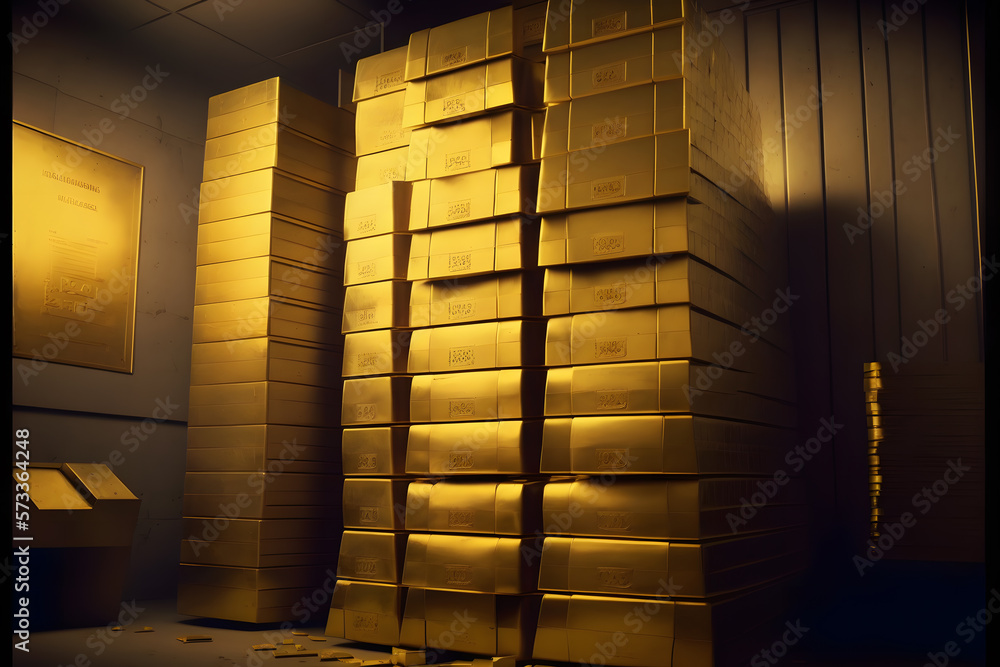Stacks of gold bullion and safe deposit boxes in bank depository room ...