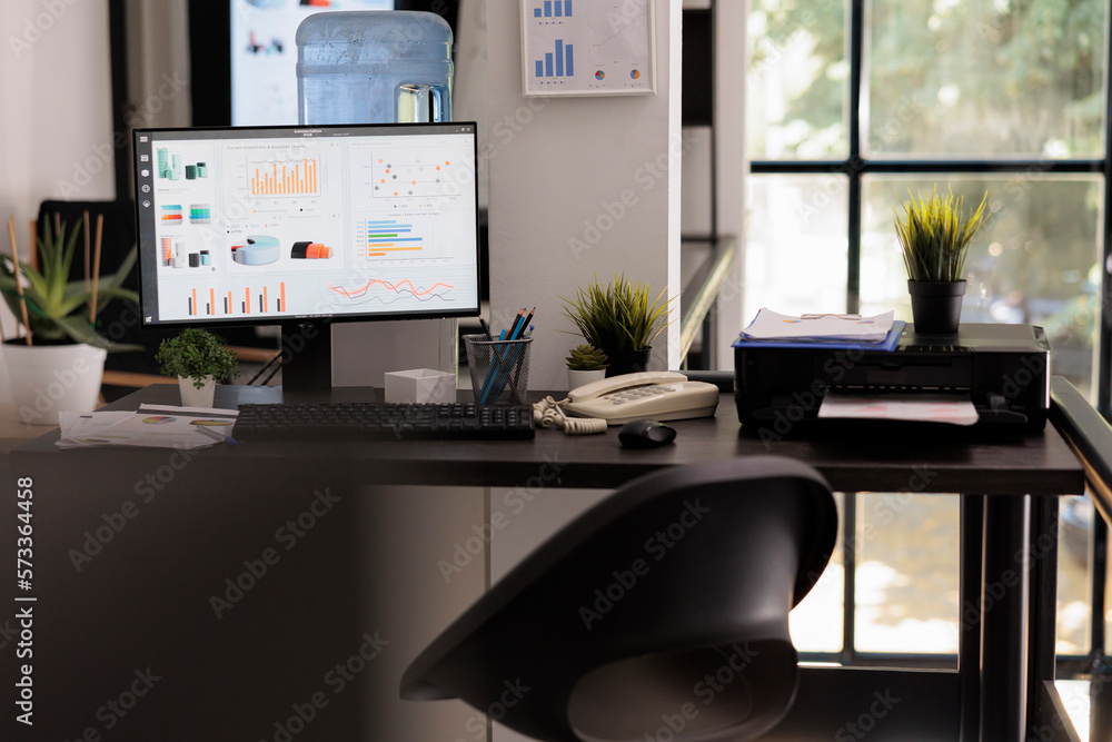 Empty company office with desktop computer showing business management ...