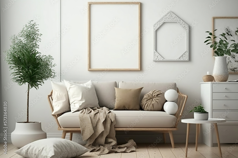 Mock up poster frame in modern beige home interior, concept of Poster ...