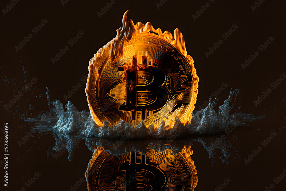 Melted bitcoin on fire flame on black background. Neural network AI ...