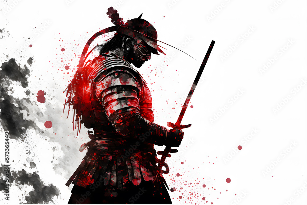 A thoughtful samurai in armor stands in profile against the abstract ...
