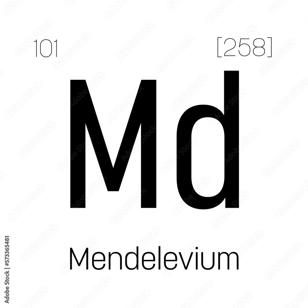 Mendelevium, Md, periodic table element with name, symbol, atomic ...