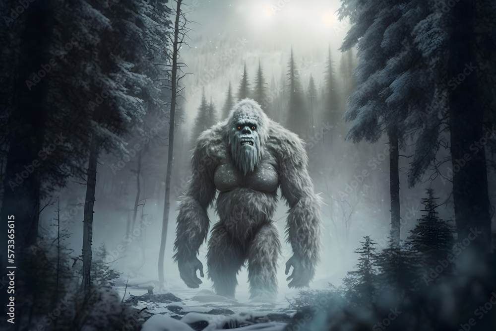 Yeti or abominable snowman walks through winter forest area. Neural ...