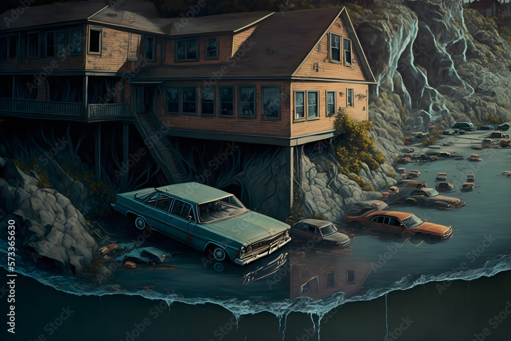 Flooding in the residental area after hurricane storm accident. Neural ...