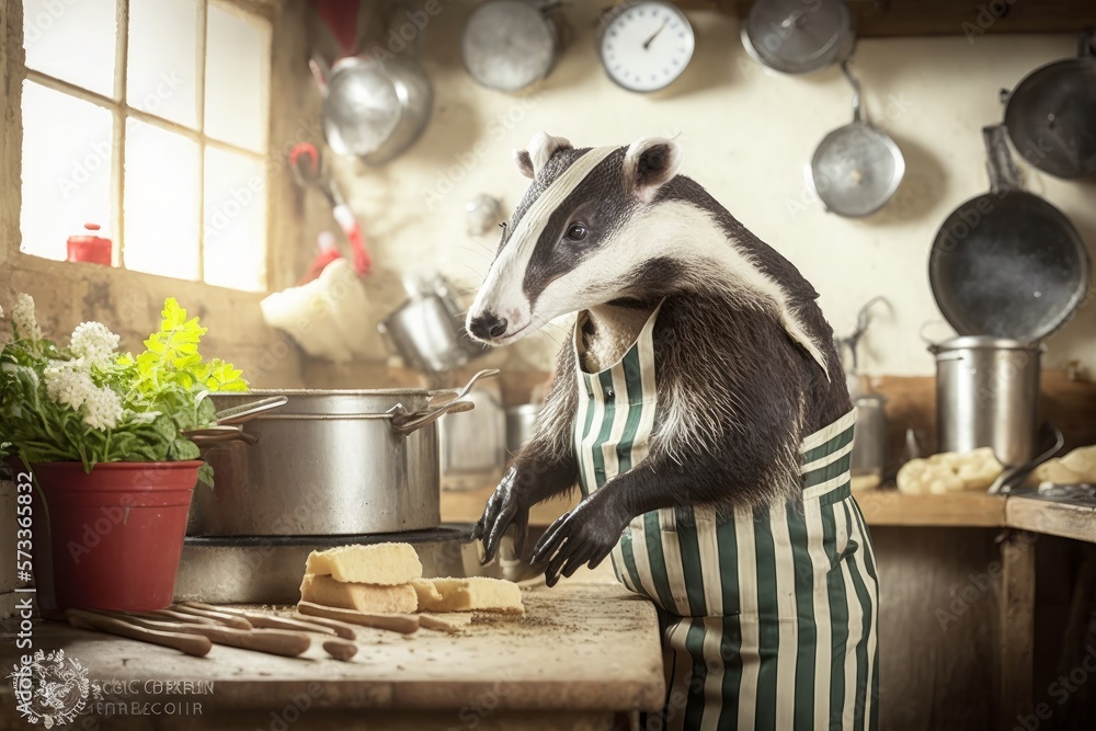 32k Super-Resolution Badger Chef Cooking in Rustic Restaurant Kitchen ...