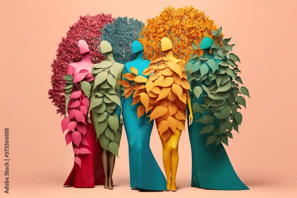 Group studio portrait of body-positive trees in the clothes, concept of ...