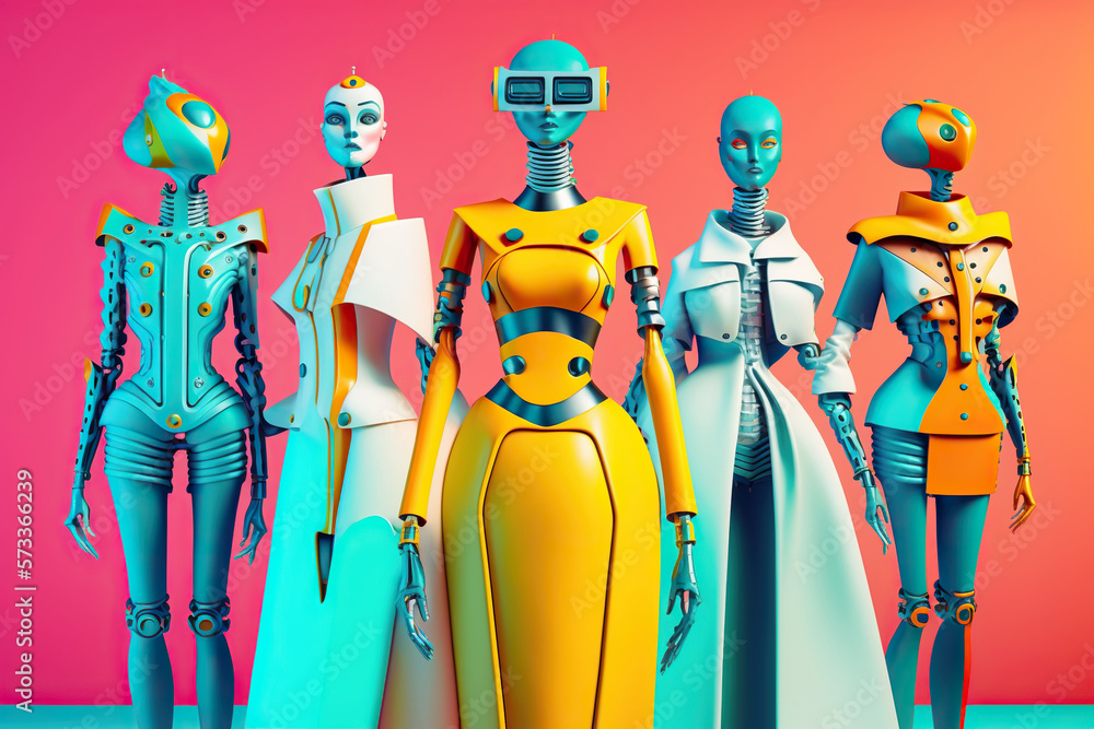 Group studio portrait of body-positive robots in the clothes, concept ...