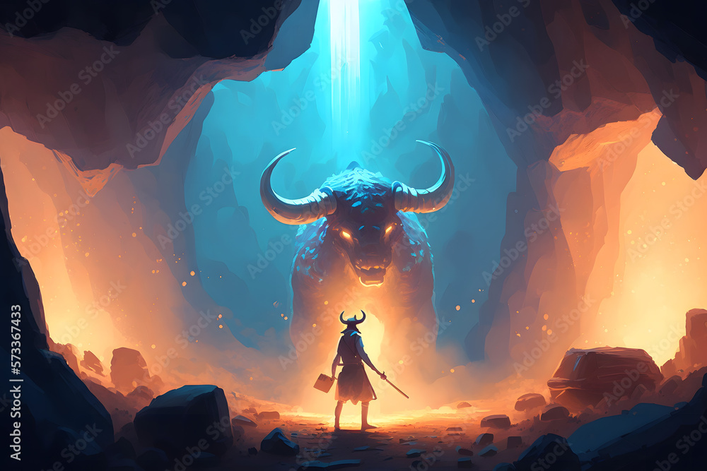 Theseus found the creature minotaur in cave labyrinth greek mythology ...