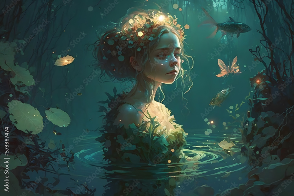 Beautiful young fairytale nymph girl in natural dress in sacred river ...