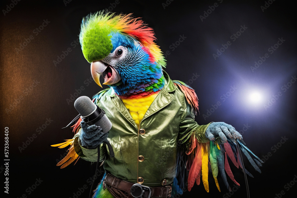 Parrot in a disco-themed costume singing along, concept of Dancing and ...