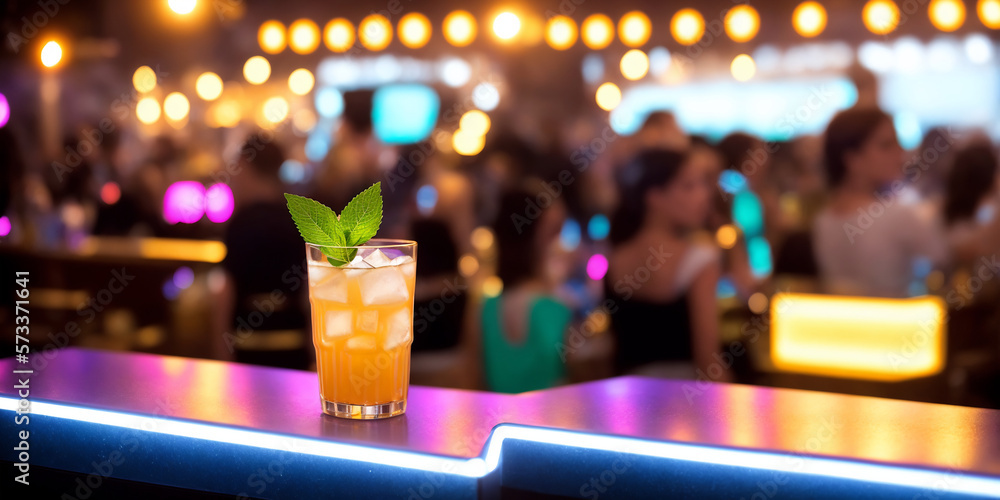 Crowded night beach party in a beach bar. A cocktail at bar counter at ...