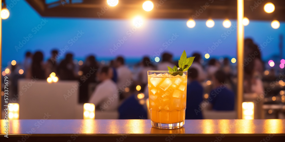 Crowded night beach party in a beach bar. Variety of cocktails at bar ...