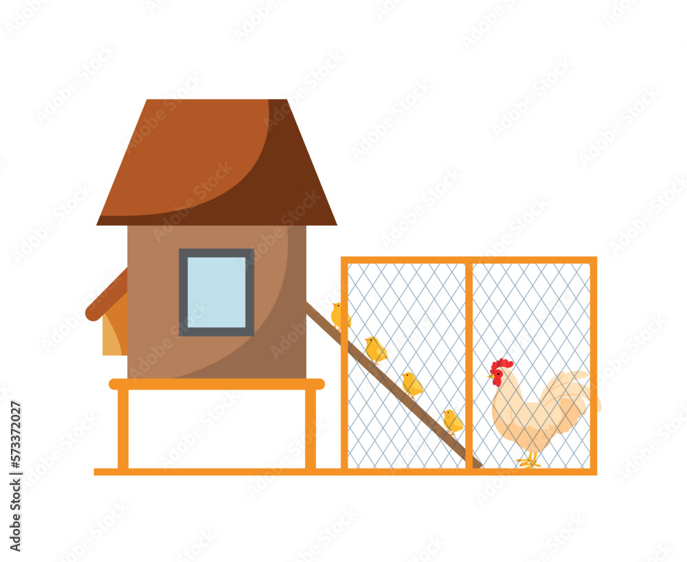 Chicken in cage with chicks. Mother with children on farm, chickens ...