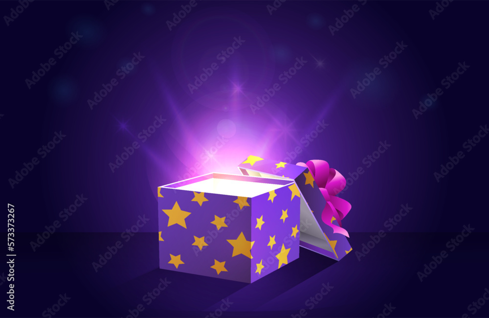 Mystery gift concept. Open box in wrapping paper with light. Holiday ...