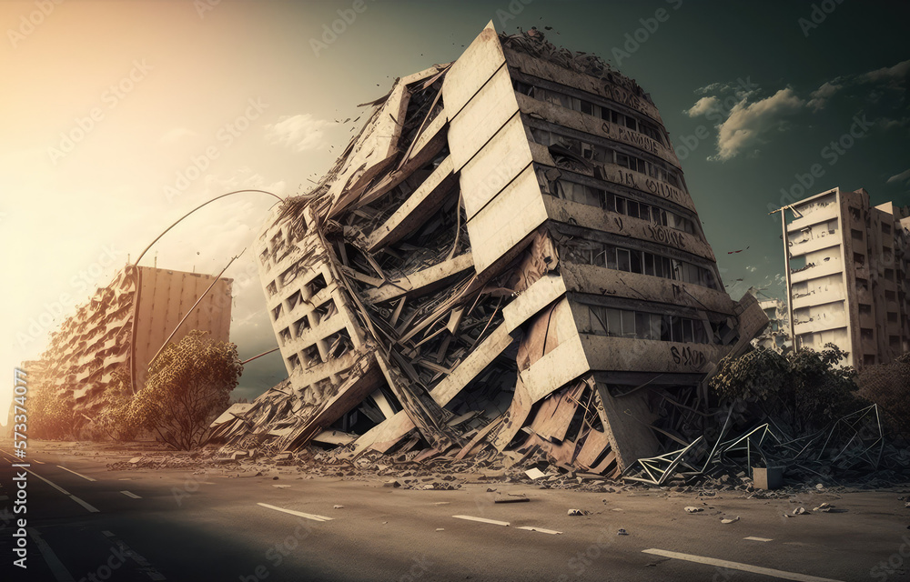 Earthquake consequences, collapsed ruined buildings in the city, 3d ...