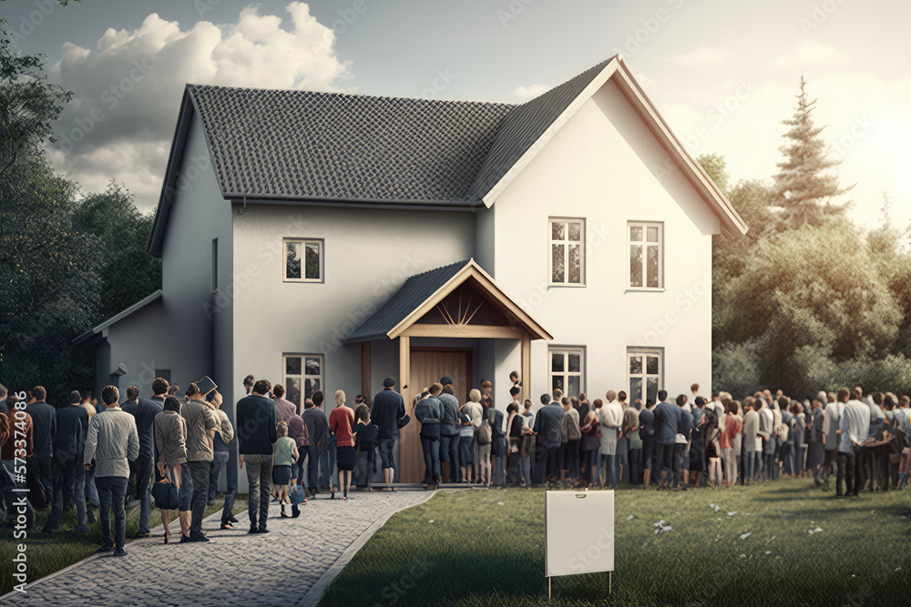 3D render a large crowd of people standing in front of a modern house ...