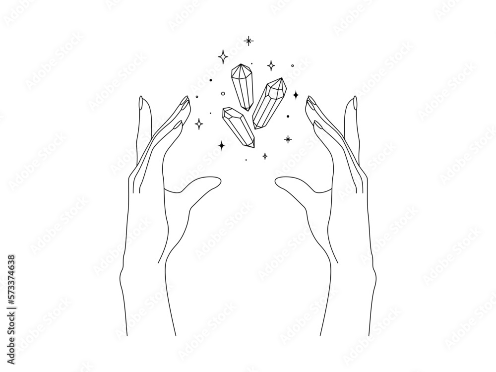 Magic hands with healing crystal in trendy linear minimal style. Logo ...