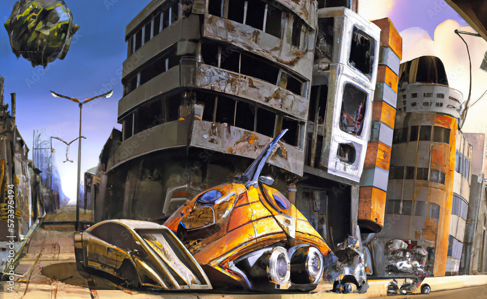 Low angle view along a city street on a planet of the future with ...
