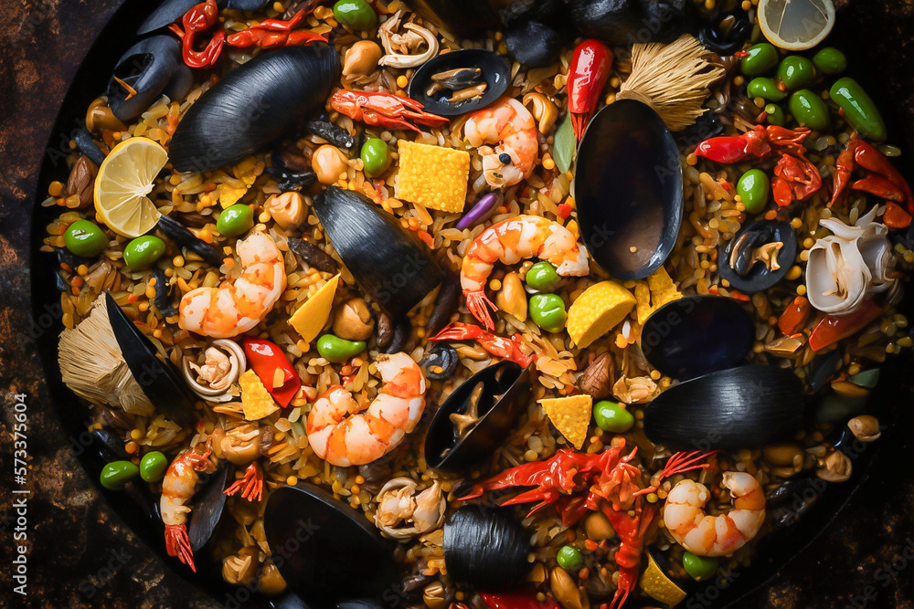ภาพประกอบสต็อก Spanish paella background with seafood. Fresh Shrimp ...
