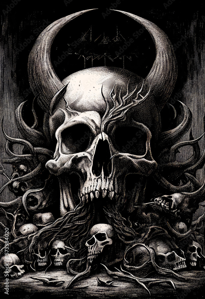 Heavy Metal Poster Illustration with Evil Entity. Skulls, demons and ...