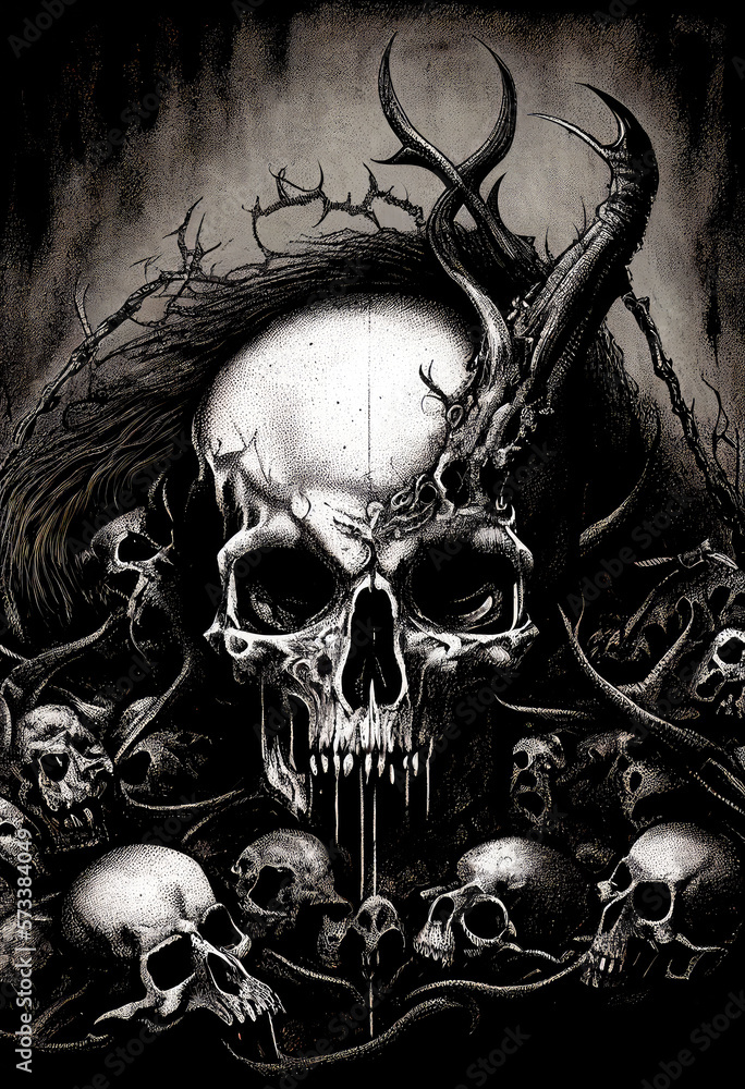 Heavy Metal Poster Illustration with Evil Entity. Skulls, demons and ...