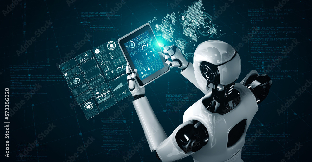 Robot hominoid using tablet computer for big data analytic using AI thinking brain , artificial ...
