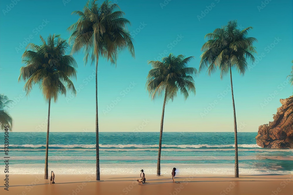 cartoon illustration, ocean beach with palm trees, trees and rocks in ...