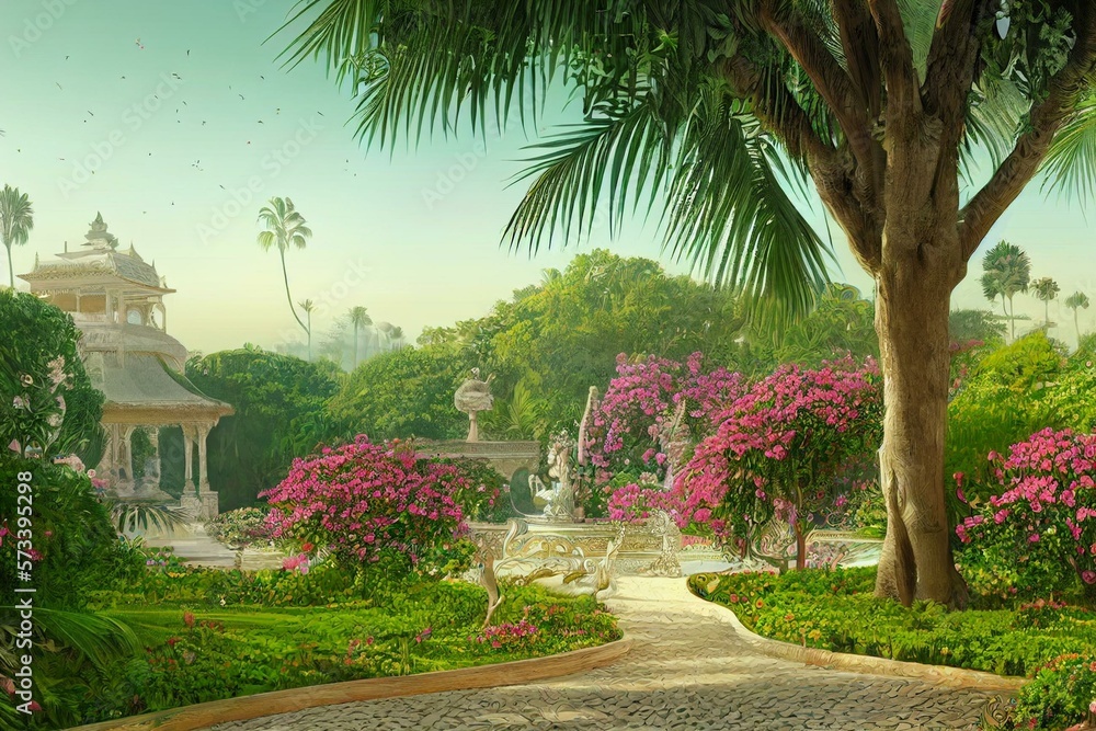 Wallpaper paintings of a luxurious palace garden with palms, trees and birds in different colors ...