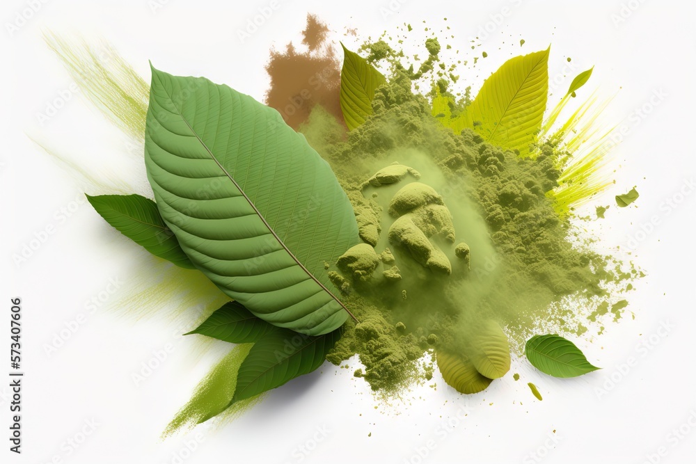 Generative AI powder flavored explosion white background with kratom ...