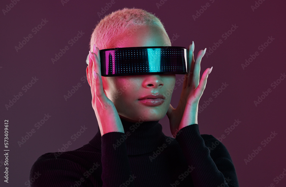 Woman, vr glasses and metaverse for futuristic gaming, digital ...