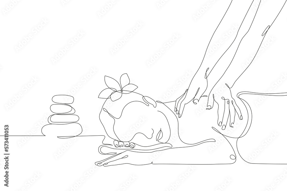 One line vector illustration for a spa salon. The master massages the ...