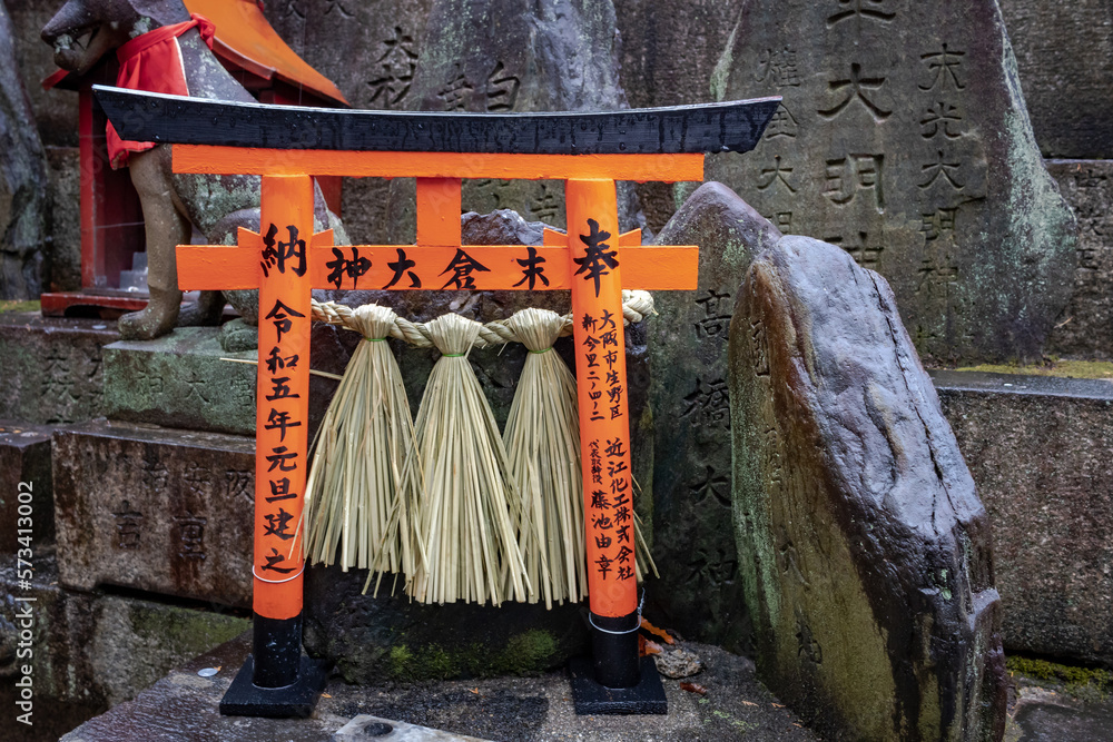 Red torii gates with traditional Japanese writing at the Fushimi Inari ...