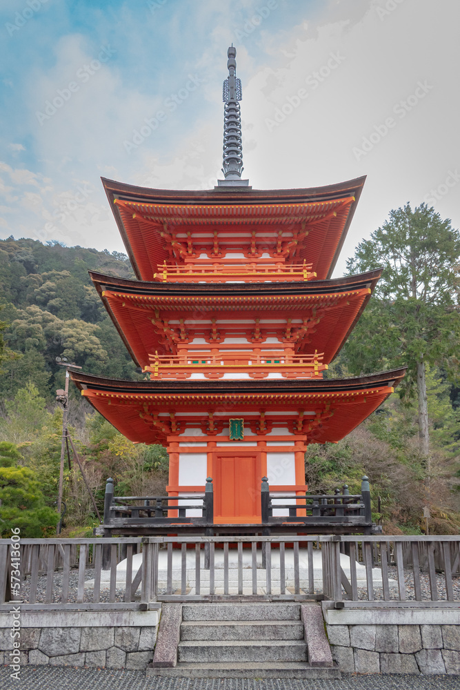 Red Japanese wooden temple pagoda building and traditional Buddhist ...