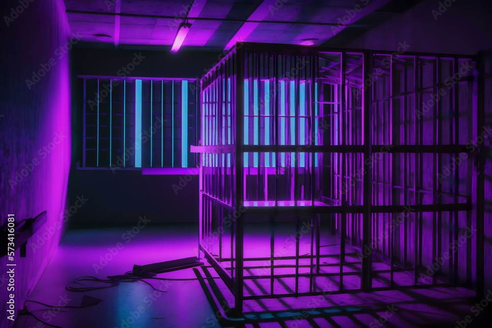 futuristic prison cell with metal bars and intense purple neon lights ...