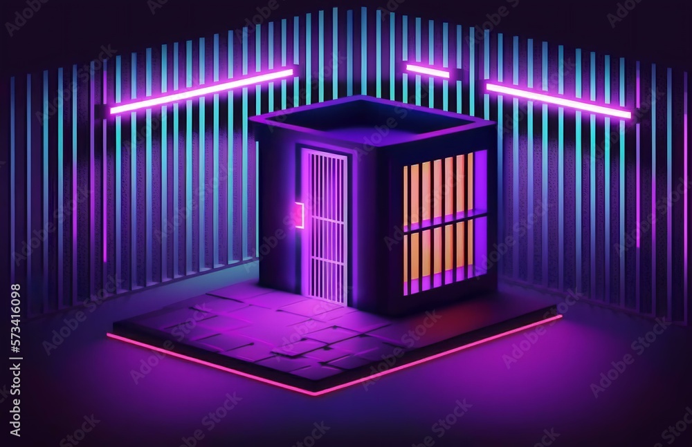 Futuristic Prison Cell With Metal Bars And Intense Purple Neon Lights Ai Generated Stock